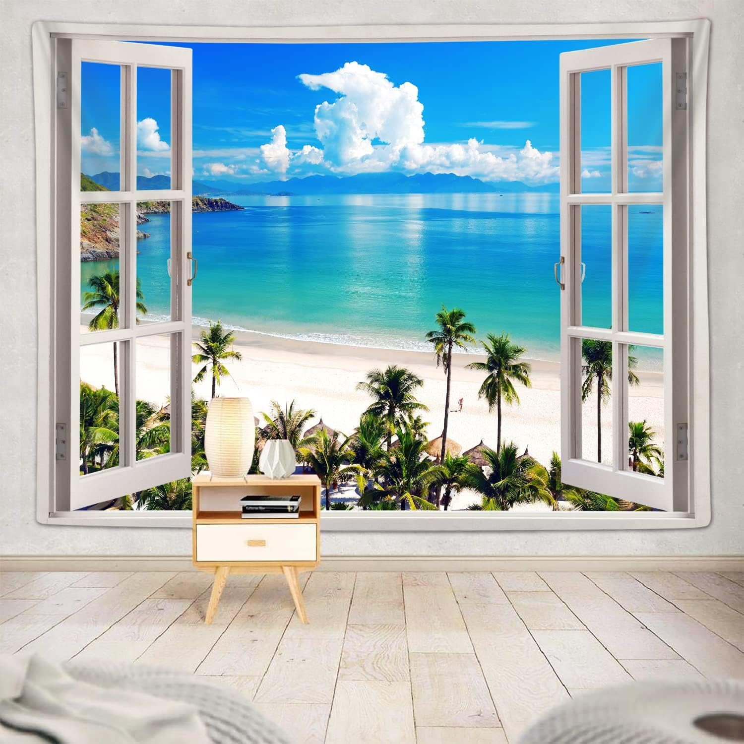 Ocean Beach Tapestry, Hawaii Sea Nature Fake Faux Window Art Tapestries ...