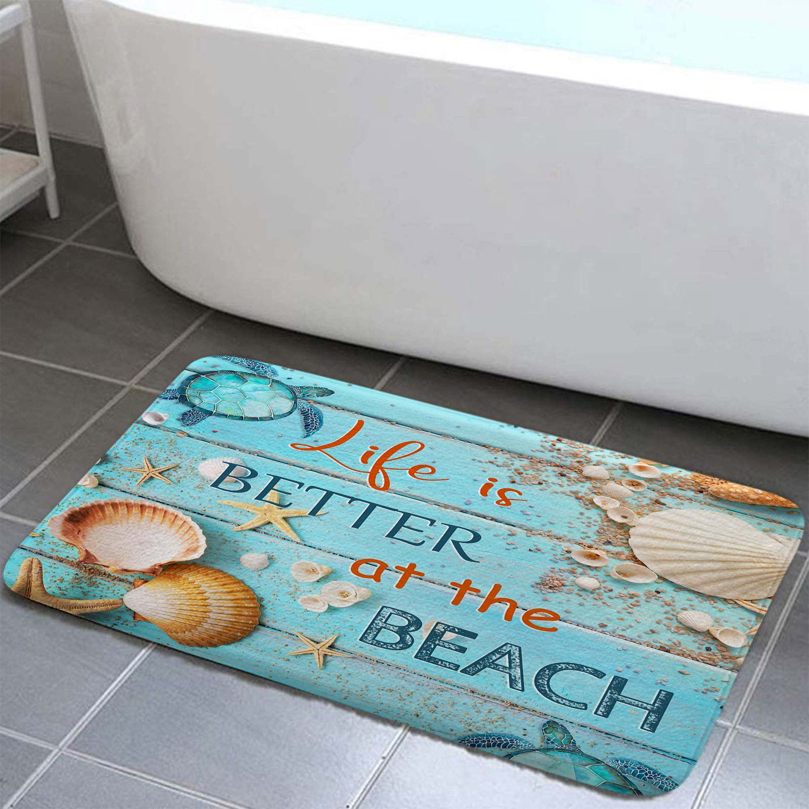 Wathon Ocean Beach Theme Bath Rugs, Sea Turtles Starfish Seashells ...