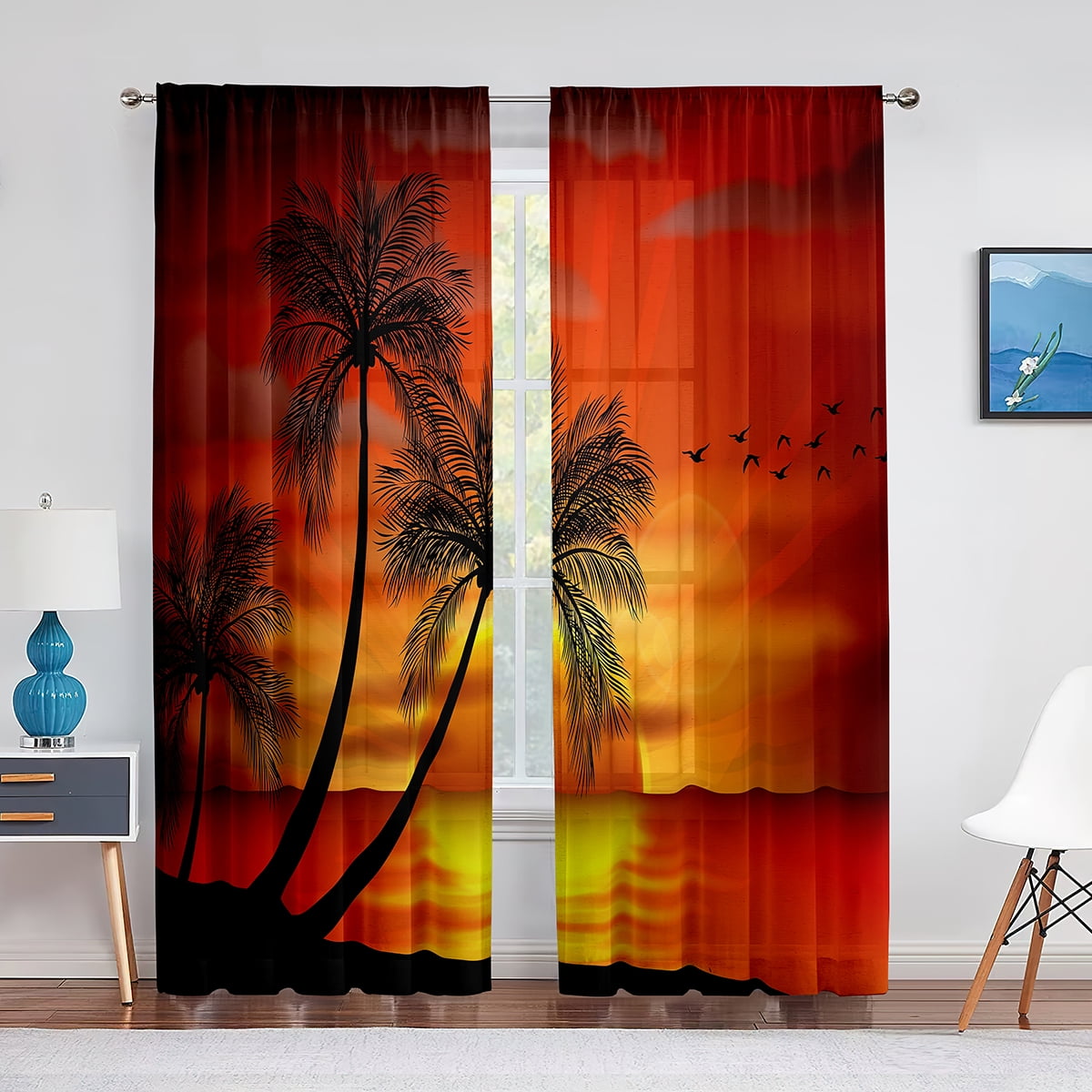 Ocean Beach Tropical Palm Trees Sunset Scenery Sheer Voile Curtain ...