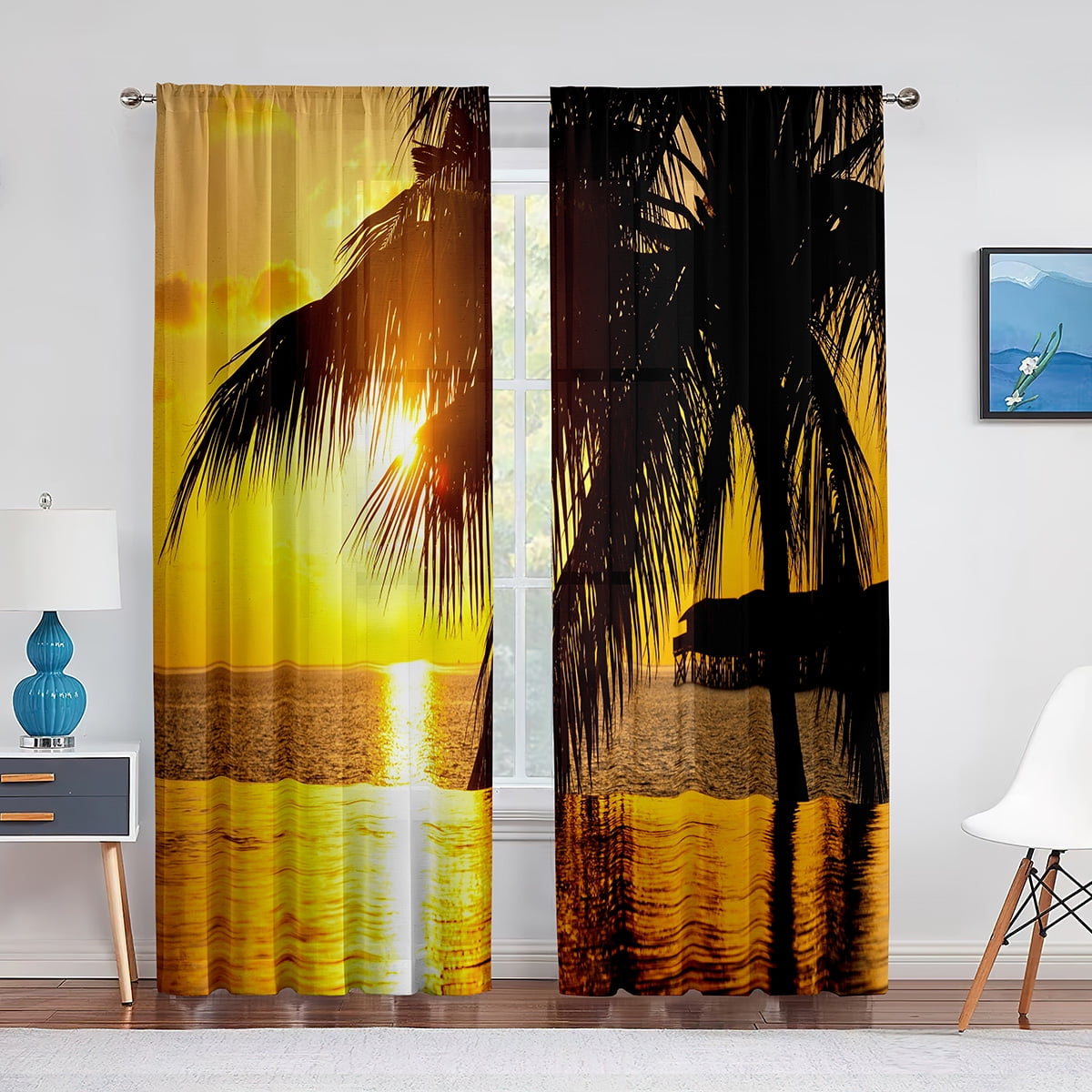 Ocean Beach Tropical Palm Trees Sunset Scenery Sheer Voile Curtain ...