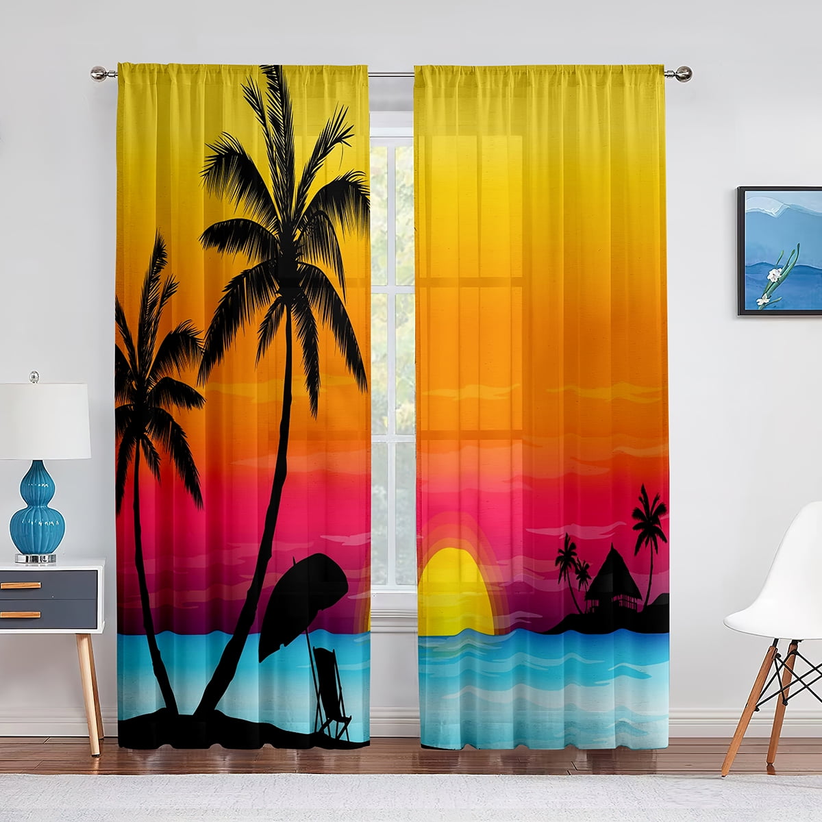Ocean Beach Tropical Palm Trees Sunset Scenery Sheer Voile Curtain ...