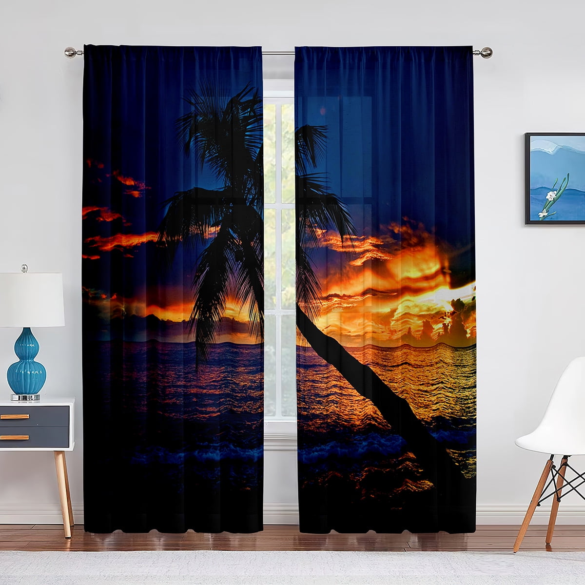 Ocean Beach Tropical Palm Trees Sunset Scenery Sheer Voile Curtain ...