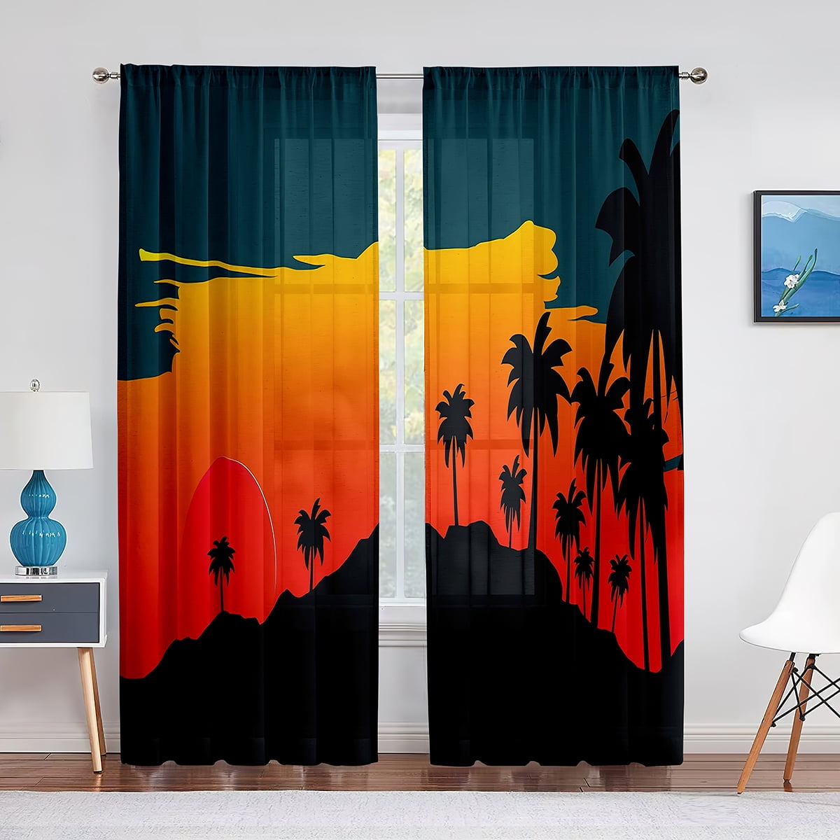 Ocean Beach Tropical Palm Trees Sunset Scenery Sheer Voile Curtain ...