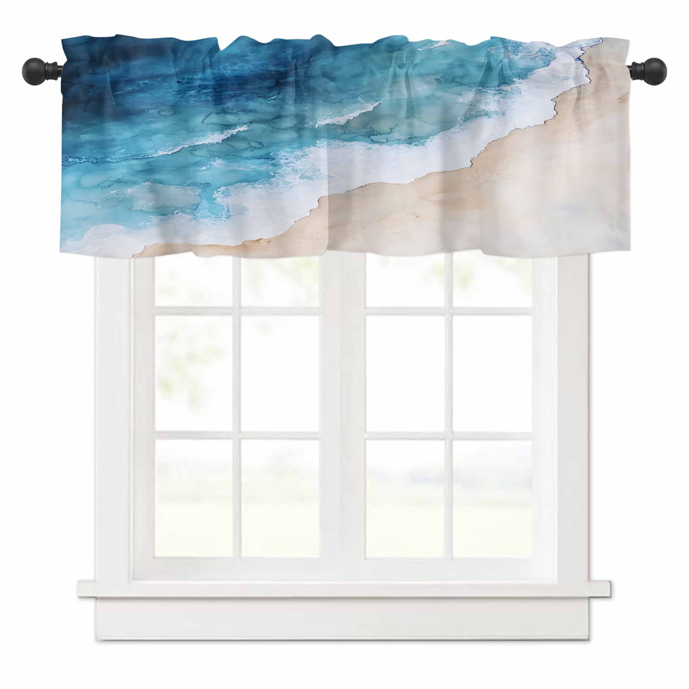 Ocean Beach Valances for Windows Blue Gradient Waves Rod Pocket Curtain ...