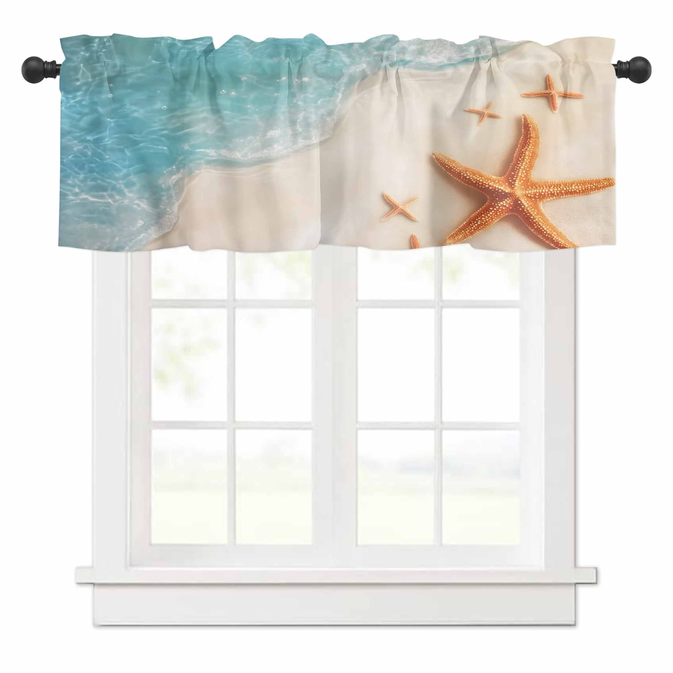 Ocean Beach Valances for Windows Coastal Starfish Rod Pocket Curtain ...
