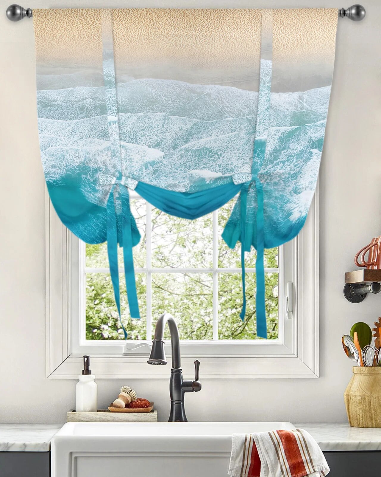 Ocean Beach Waves Window Curtains Tie Up Curtains for Kitchen Living ...