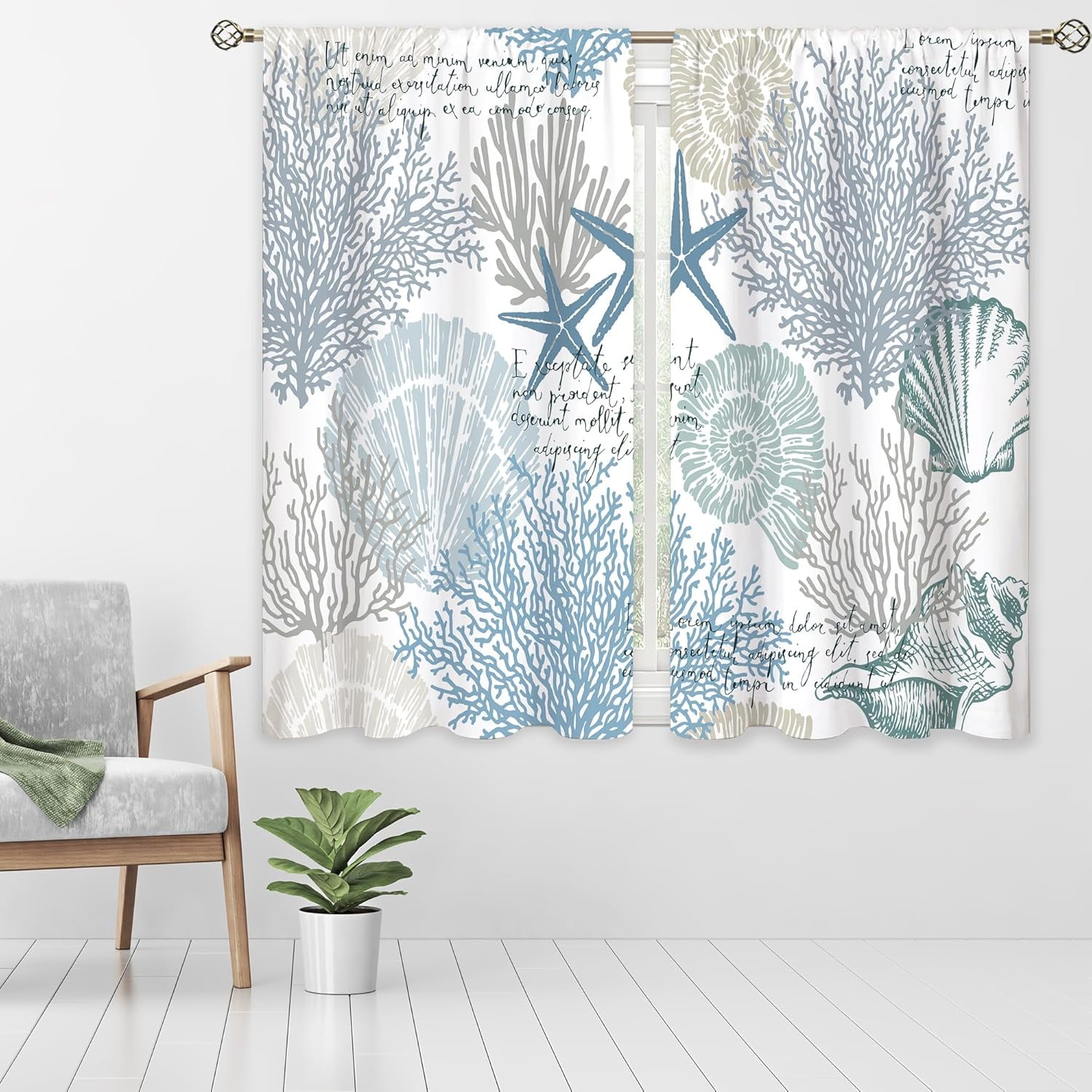 Ocean Beach Window Curtains Nautical Coastal Starfish Seashell Rod ...