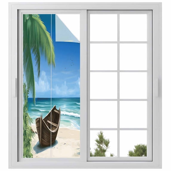 Ocean Beach Window Privacy Film, Blue Coastal Palm Tree Nautical ...