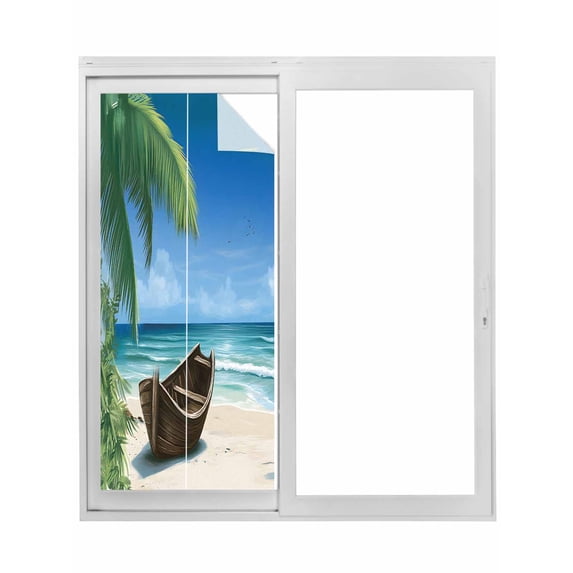 Ocean Beach Window Privacy Film, Blue Coastal Palm Tree Nautical ...