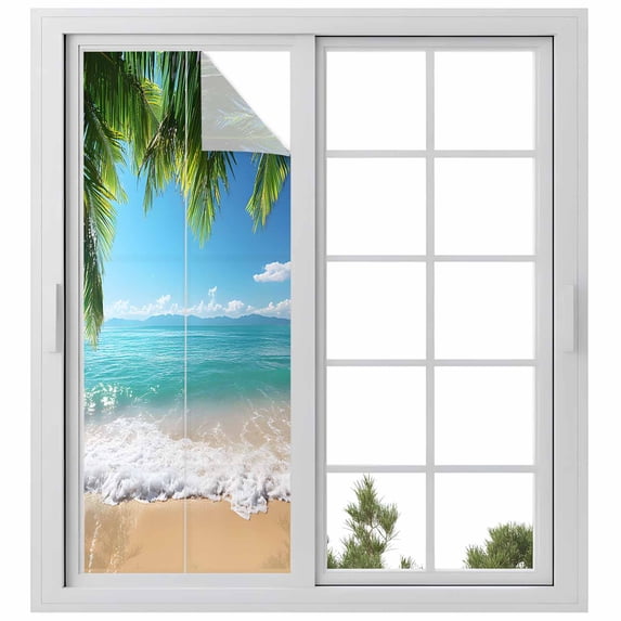 Ocean Beach Window Privacy Film, Palm Trees Summer Tropical Island ...
