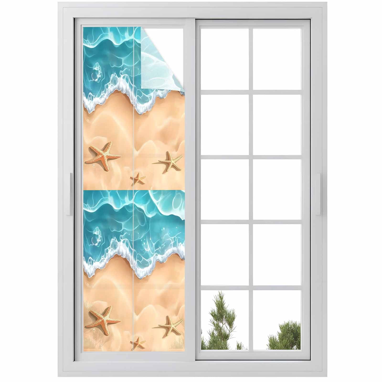 Ocean Beach Window Privacy Film, Starfish Sea Waves Coastal Seaside ...