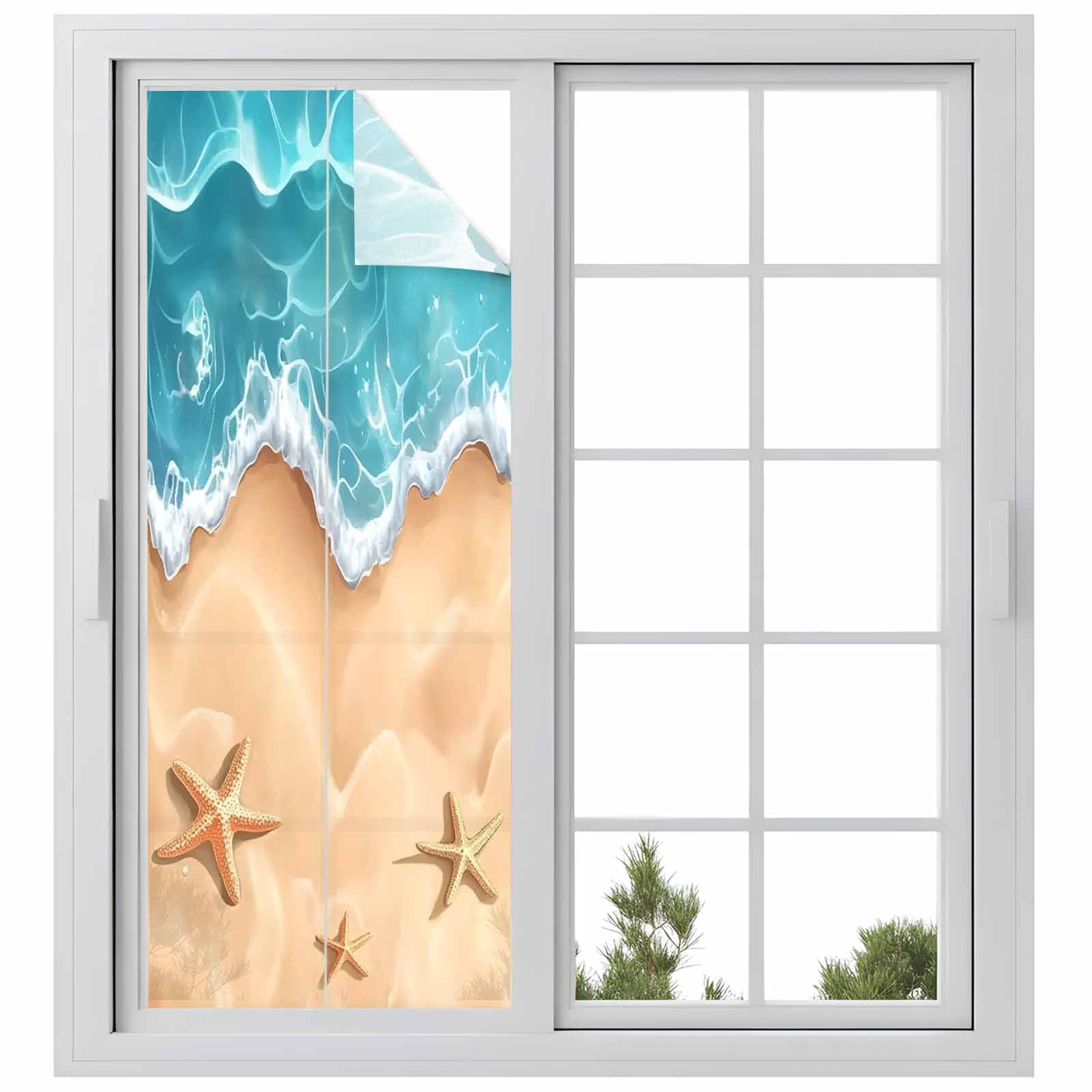 Ocean Beach Window Privacy Film, Starfish Sea Waves Coastal Seaside ...