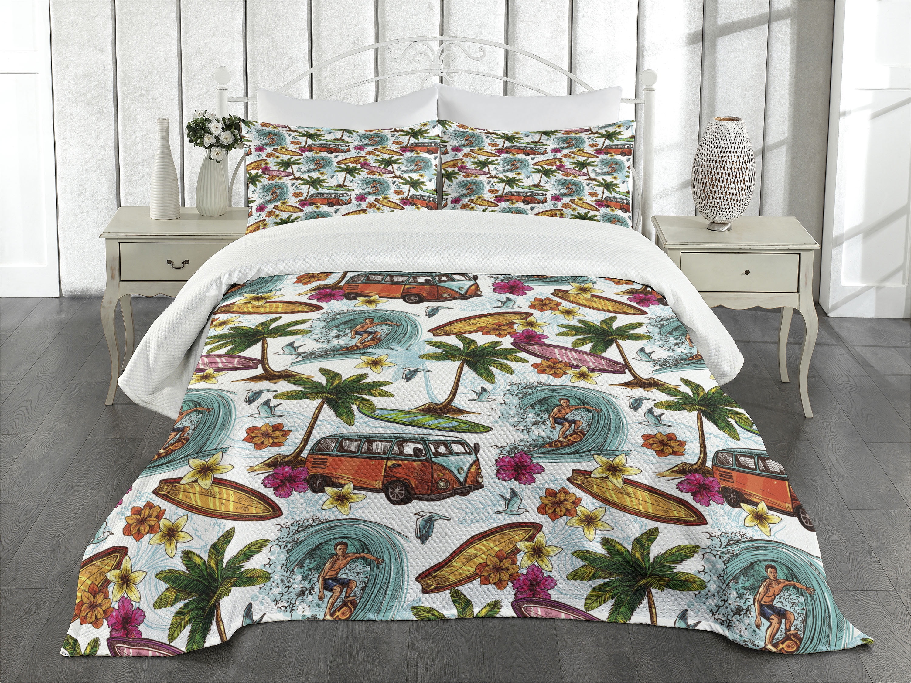 Ocean Bedspread Set King Size, Hawaiian Surfer on Wavy Deep Sea Retro ...