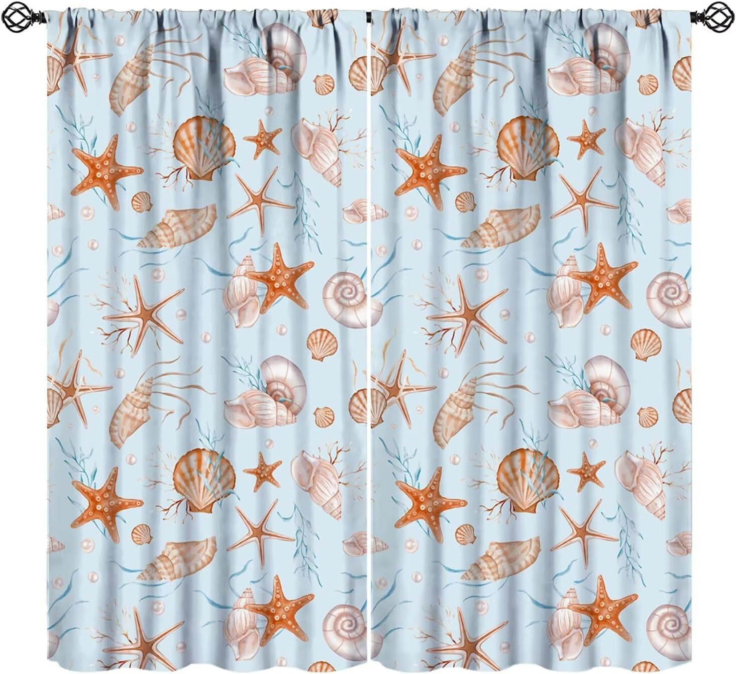 Ocean Blackout Curtains Nautical Coastal Orange Starfish Conch ...