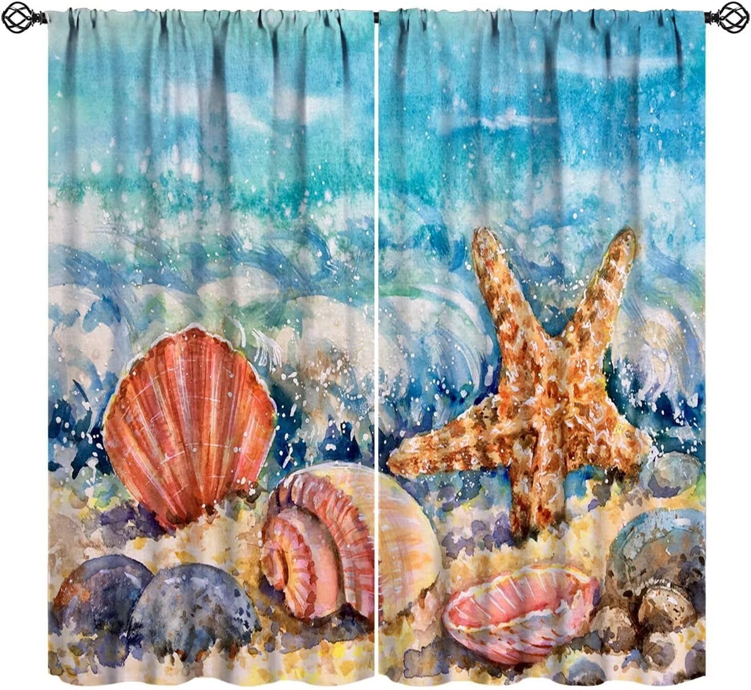 Ocean Blackout Curtains Tropical Beach Sea Wave Starfish Shell Conch ...