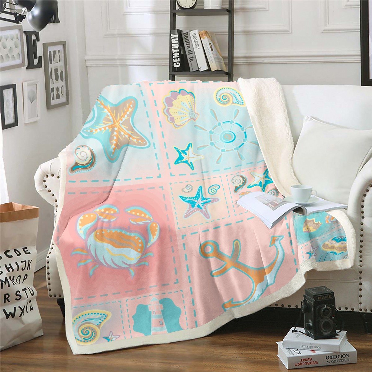 Ocean Blanket 90"x90" Crab Jellyfish Patchwork Throw Blanket for Boys ...