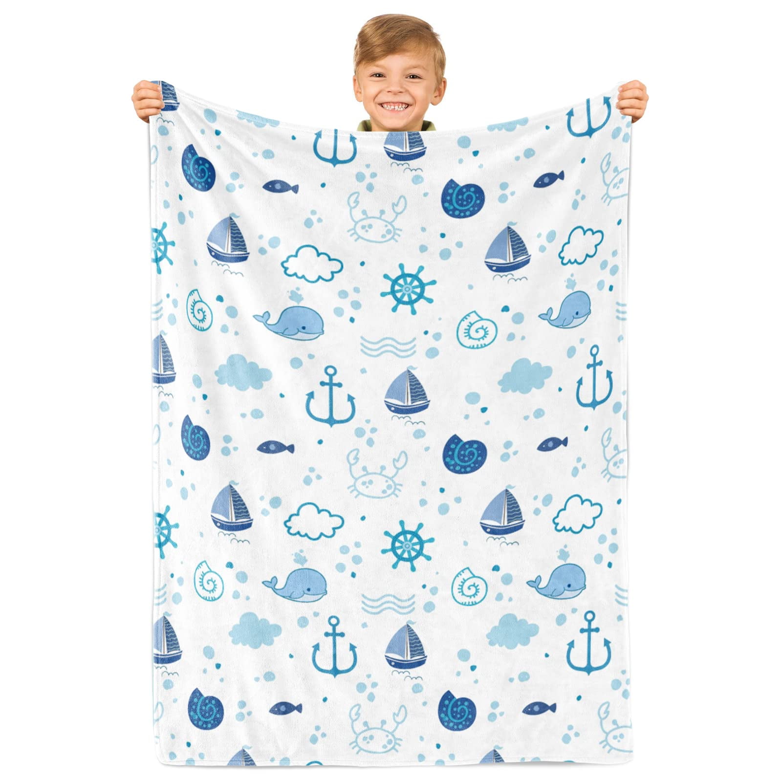 Ocean Blanket for Baby, Cute Whale Boat Crab Fish Conch Ocean Theme ...
