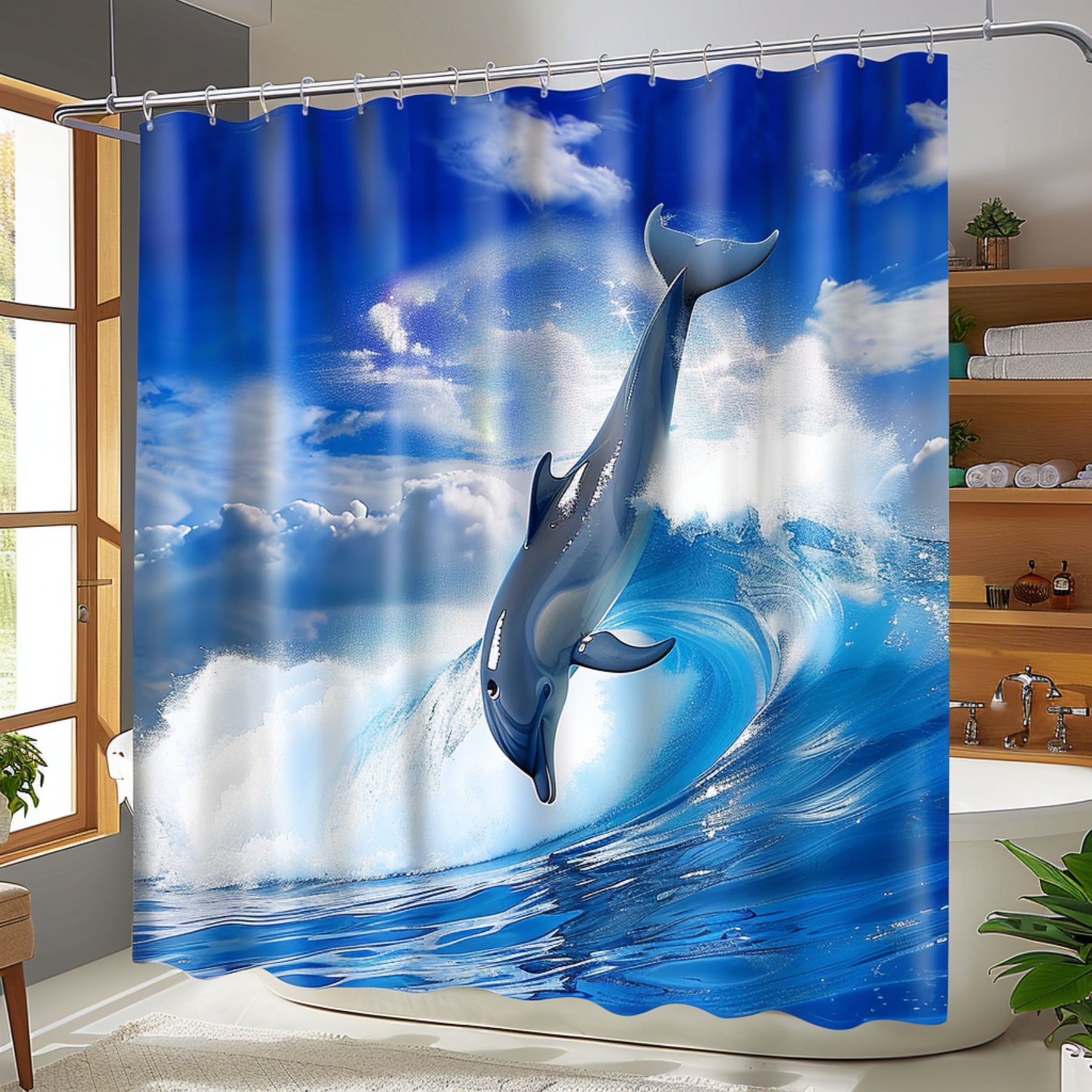 Ocean Bliss Dolphin Wave Jump Shower Curtain Modern Design Realistic