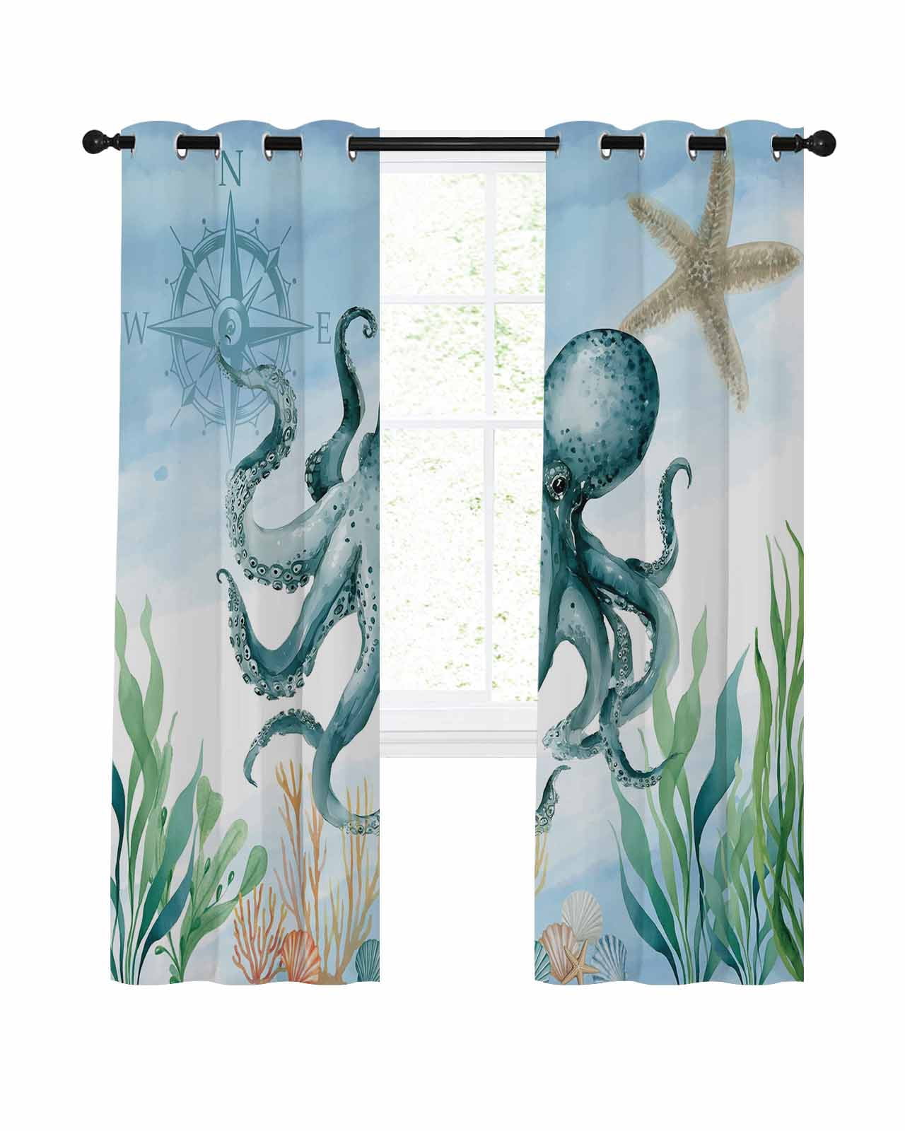 Ocean Blue Blackout Curtains for Bedroom Living Room, Octopus Starfish ...