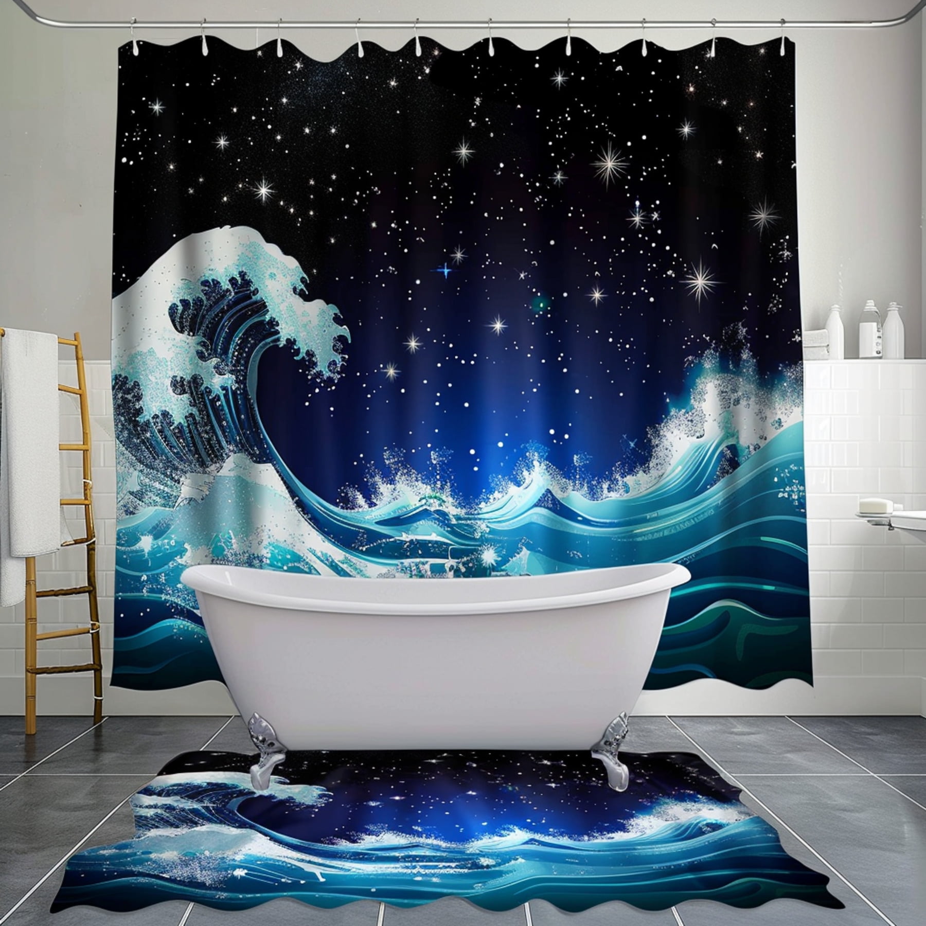 Ocean Blue Cartoon Sea Wave Shower Curtain Kids Bathroom Decor with ...