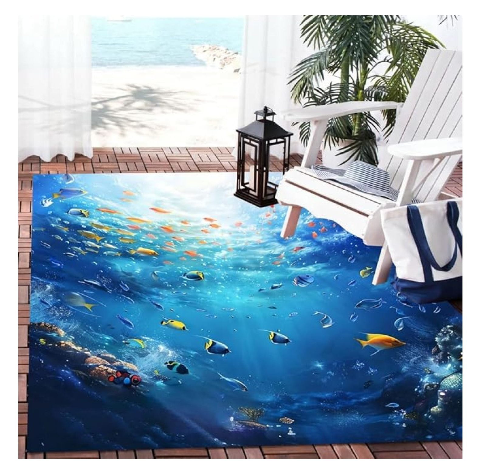 Ocean Blue Coastal Theme Tropical Fish Waterproof Washable Outdoor Rug ...