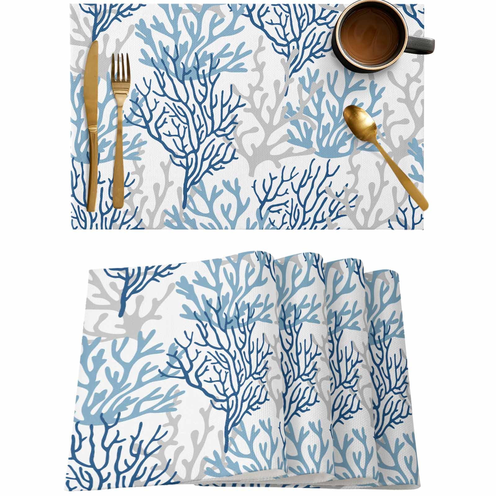 Ocean Blue Coral Seamless Placemats Set of 4,Wipeable Washable Table ...