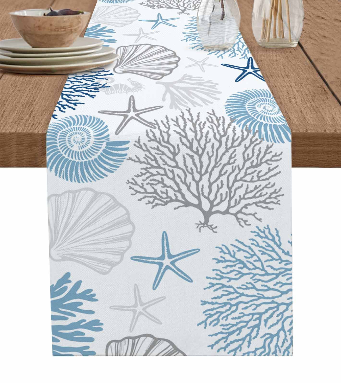 Ocean Blue Coral Table Runner Coastal Starfish Shell Seahorse Grey ...