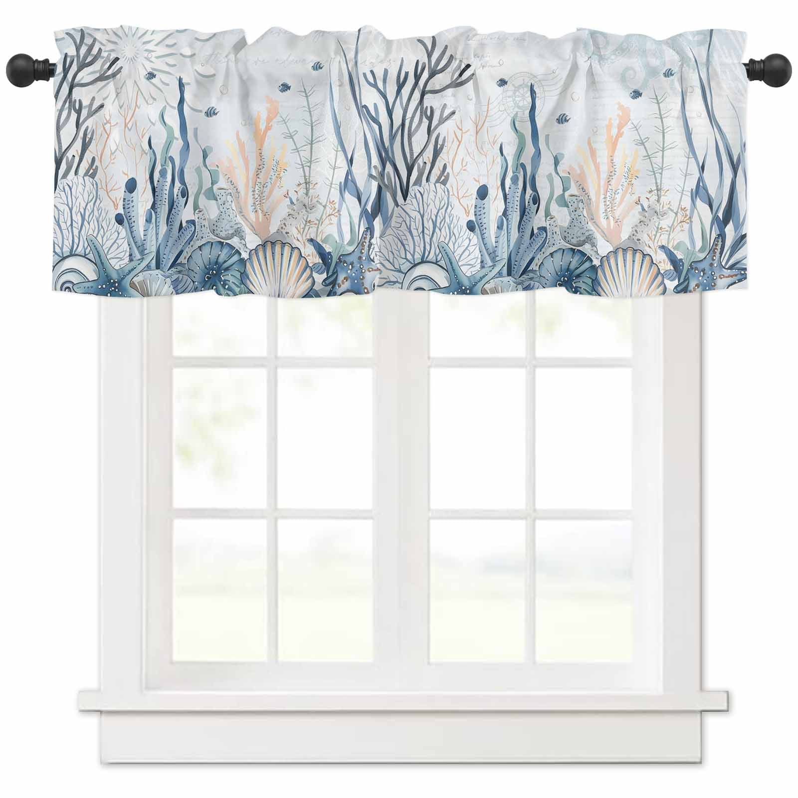 Ocean Blue Coral Valances for Windows Farmhouse Kitchen Curtains ...