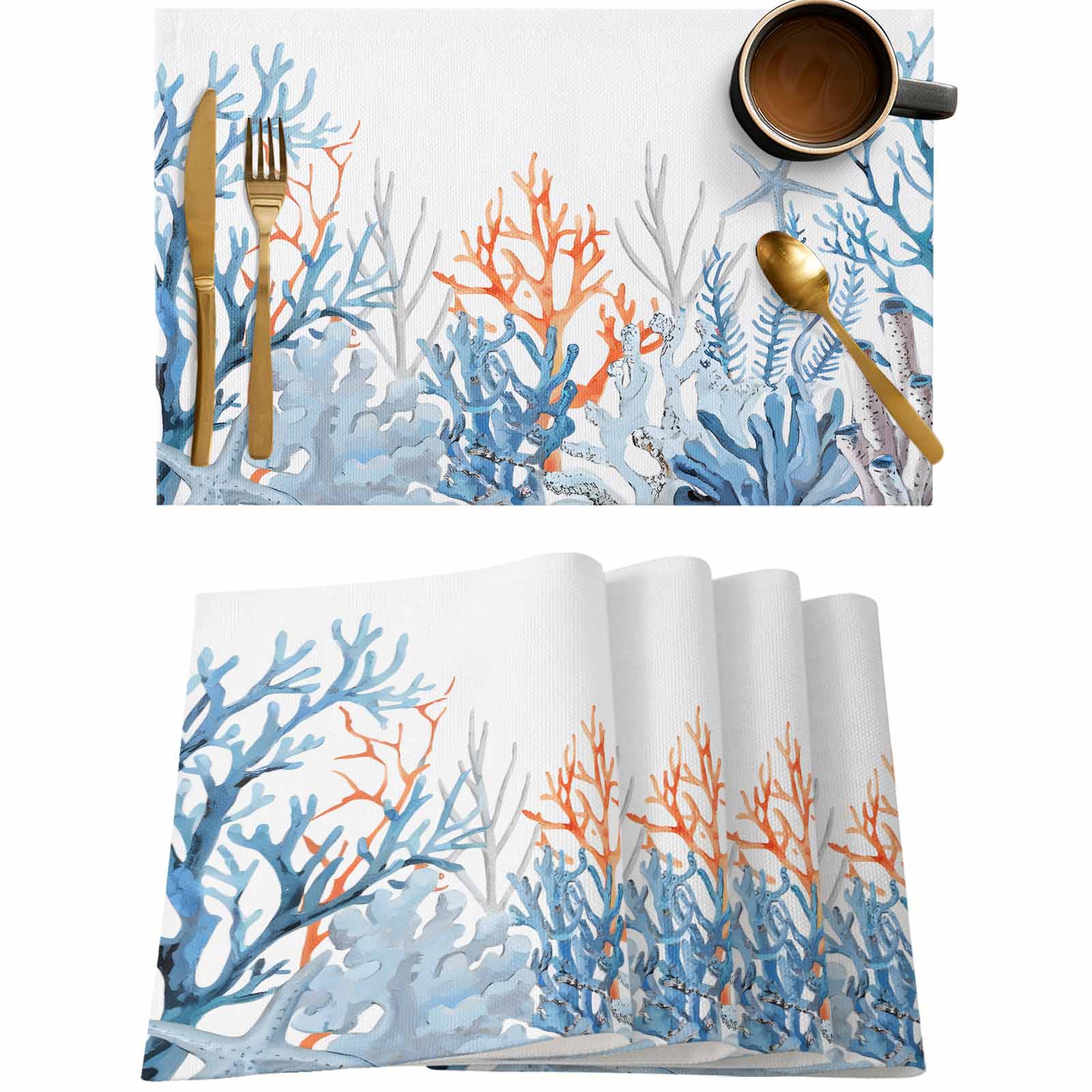 Ocean Blue Coral on White Placemats Set of 4,Wipeable Washable Table ...