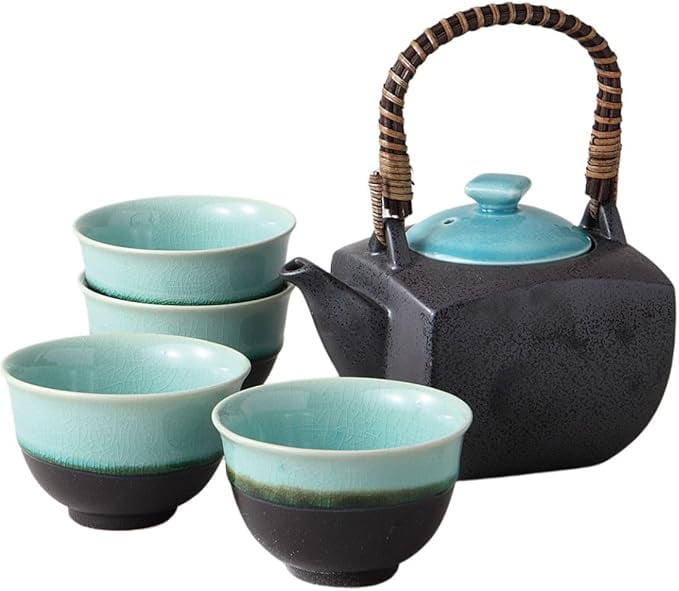Ocean Blue Crackle Glaze Tea Set: 1 Mino Ware Teapot with 4 Seto Ware ...