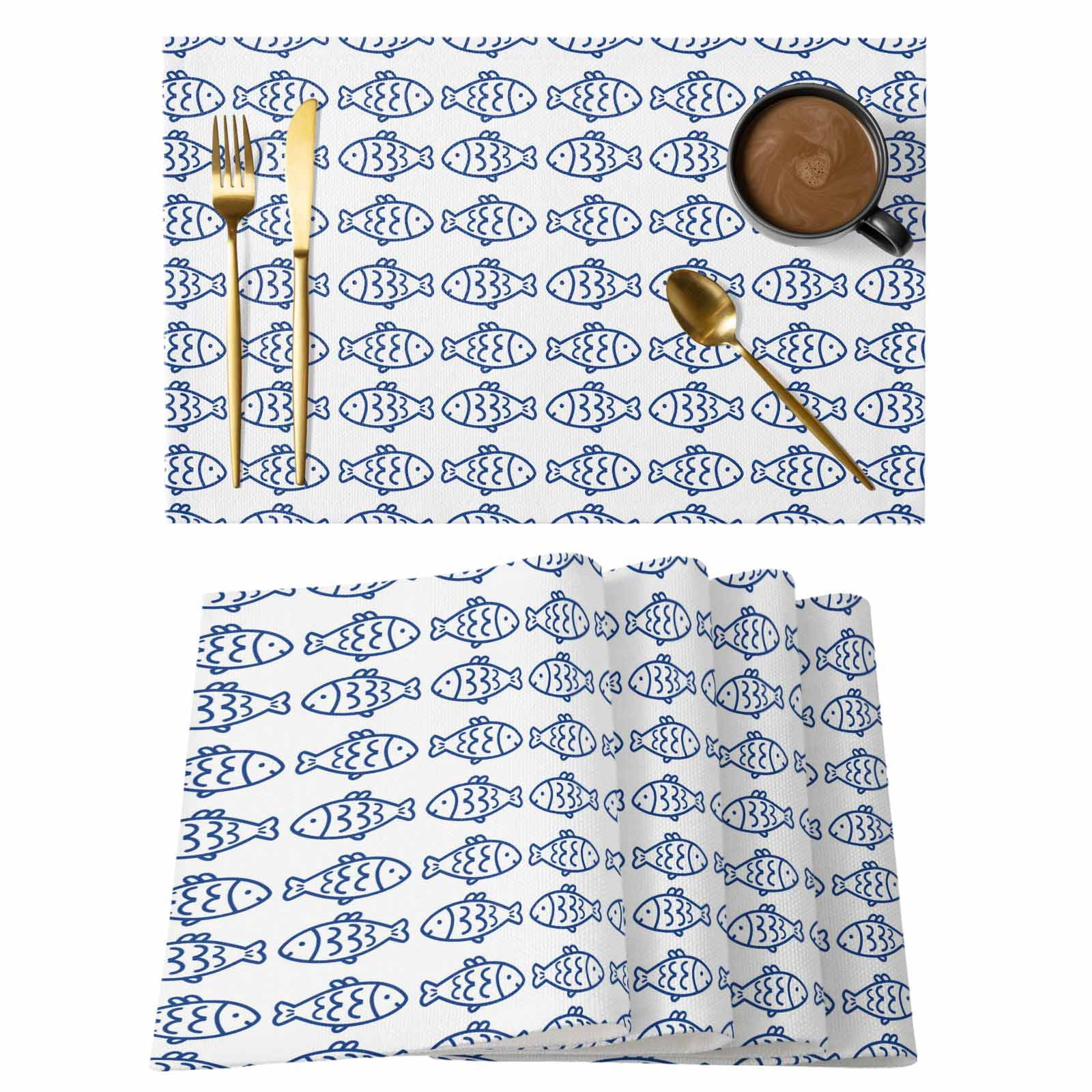 Ocean Blue Fish Placemats Set of 8, Summer Fishing Coastal Nautical ...