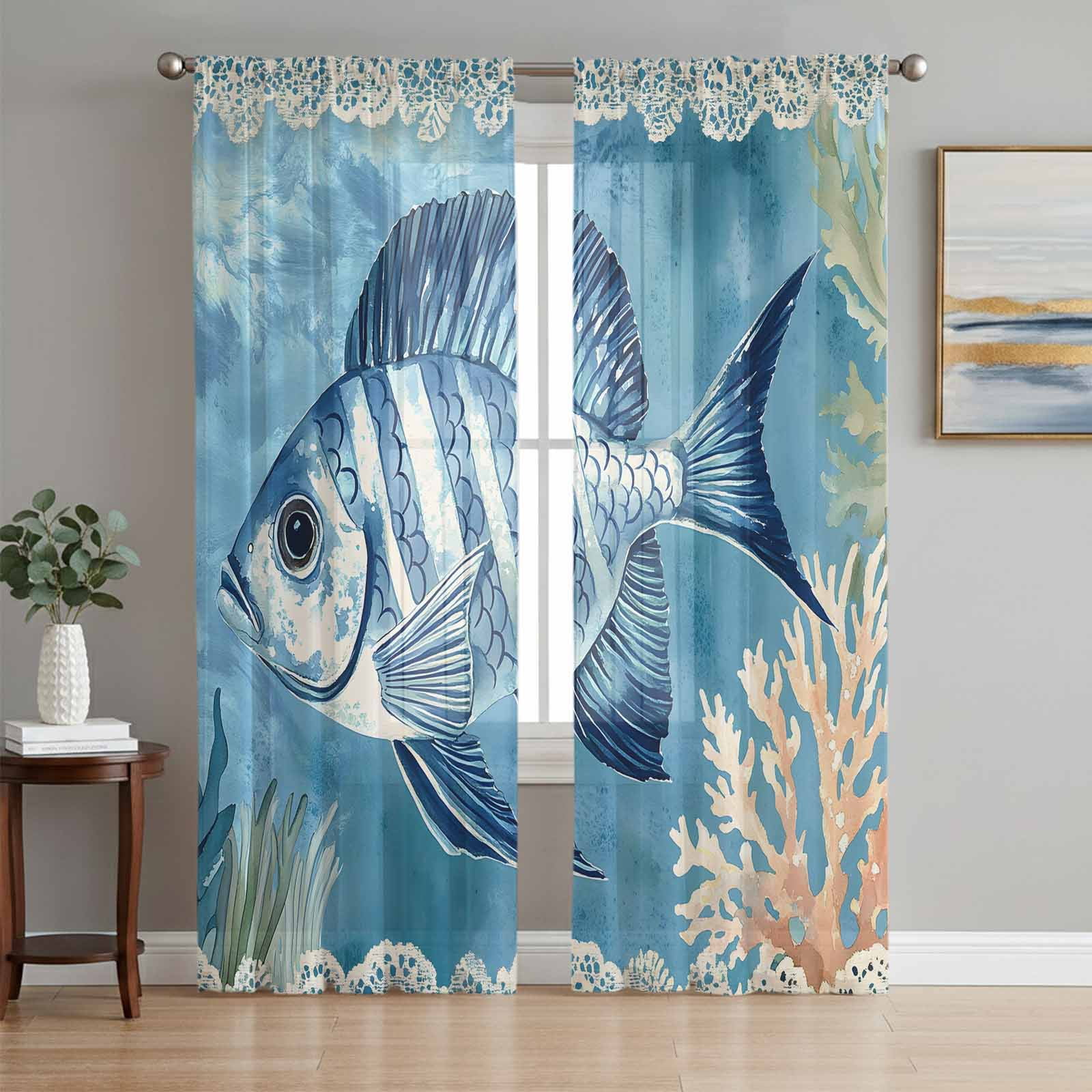 Ocean Blue Fish Sheer Curtains 96 Inch Length 2 Panels Set, Summer ...