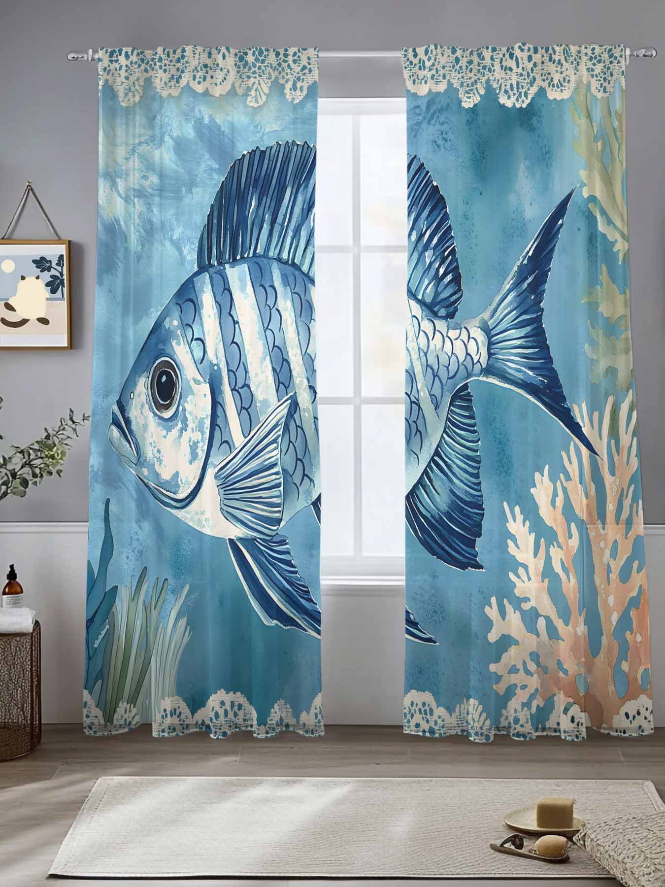 Ocean Blue Fish Sheer Curtains for Living Room Bedroom Summer Coastal ...