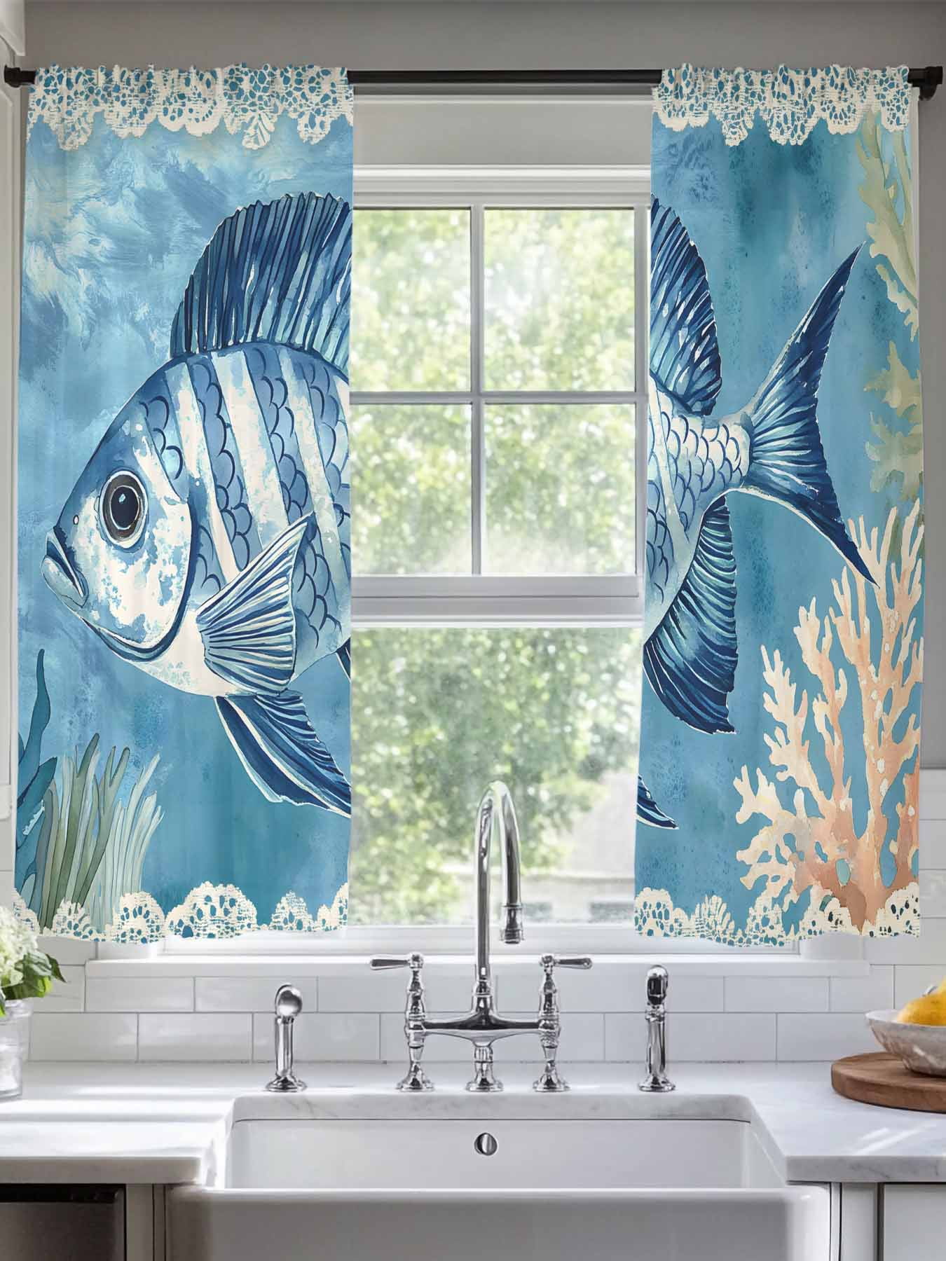 Ocean Blue Fish Sheer Curtains for Living Room Bedroom Summer Coastal ...