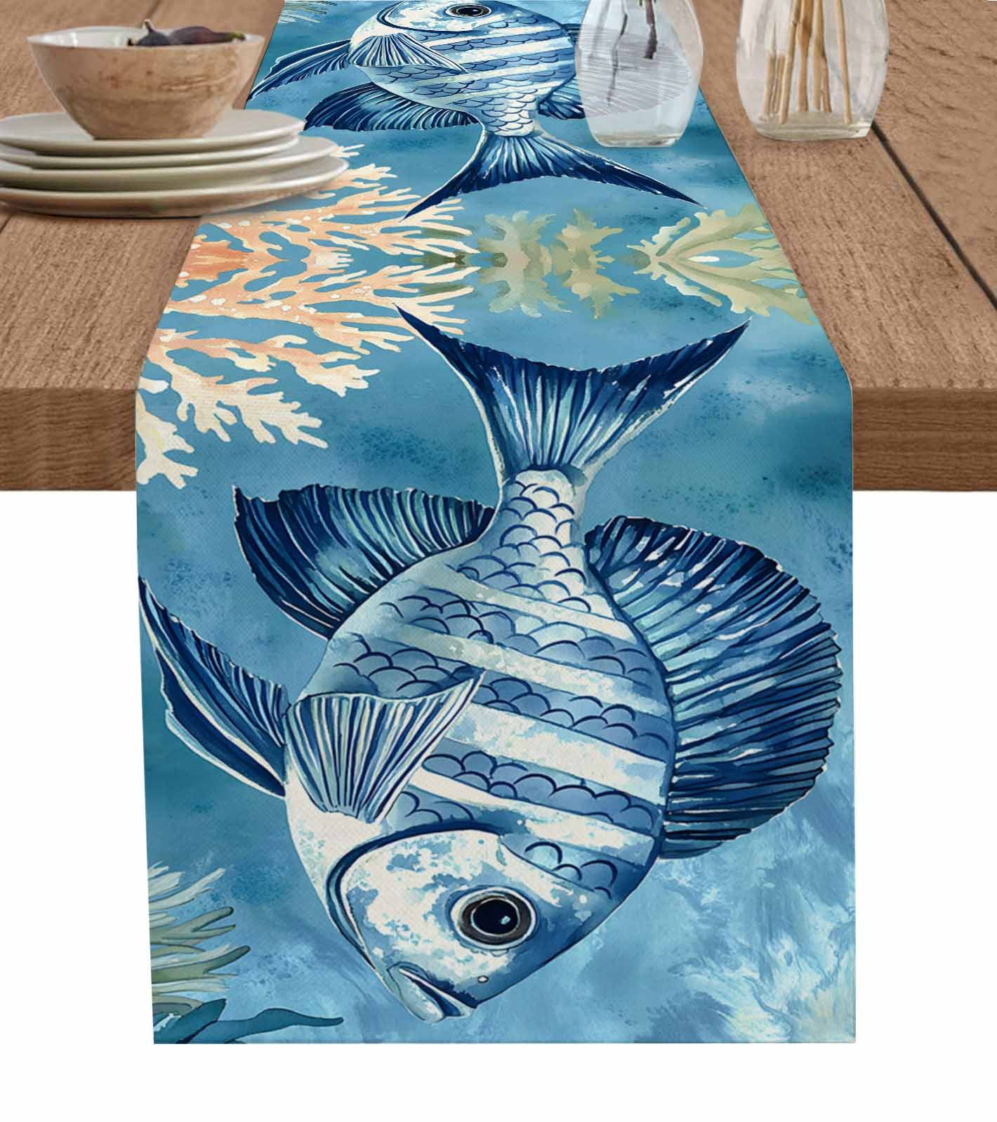 Ocean Blue Fish Table Runner 70 Inches, Summer Coastal Coral Seaweed ...