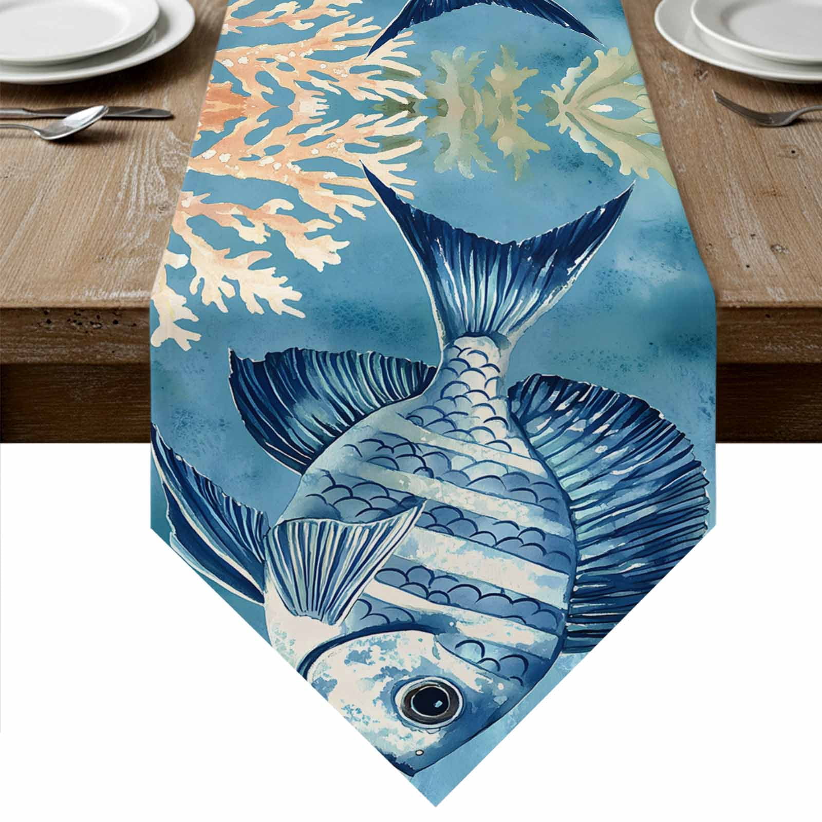 Ocean Blue Fish Table Runner Linen Burlap Table Runner 72 Inches Long ...