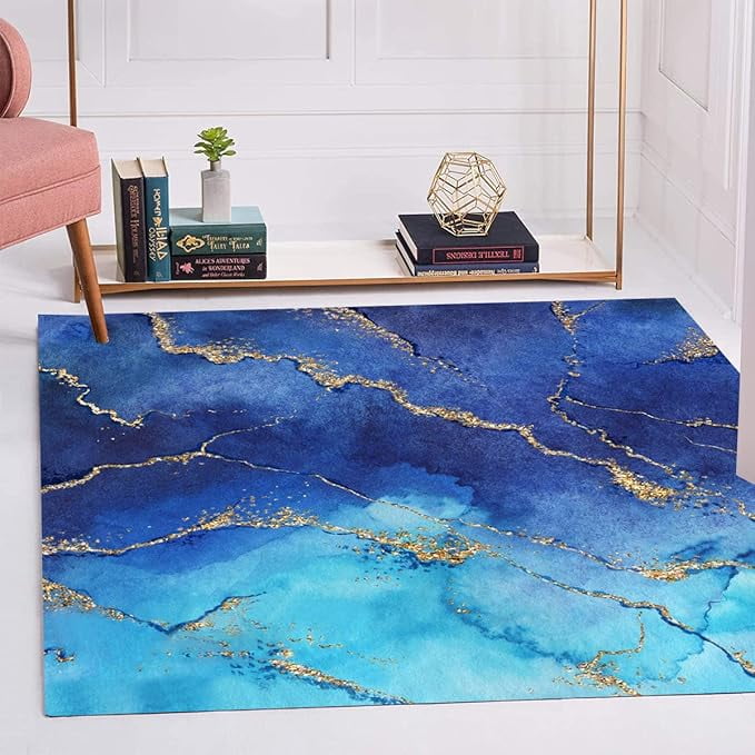 Ocean Blue Gold Marble Pattern Area Rugs Washable Soft Modern Abstract ...
