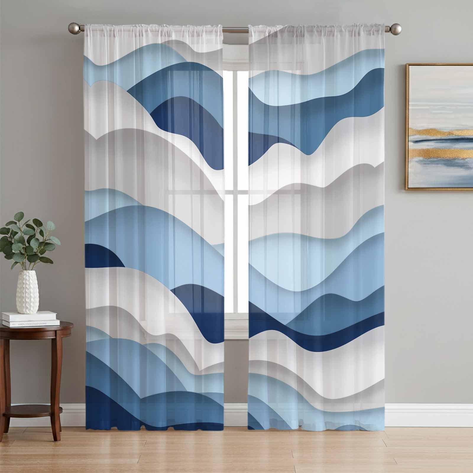 Ocean Blue Gradient Water Ripples Chiffon Sheer Curtains 108 Inches ...