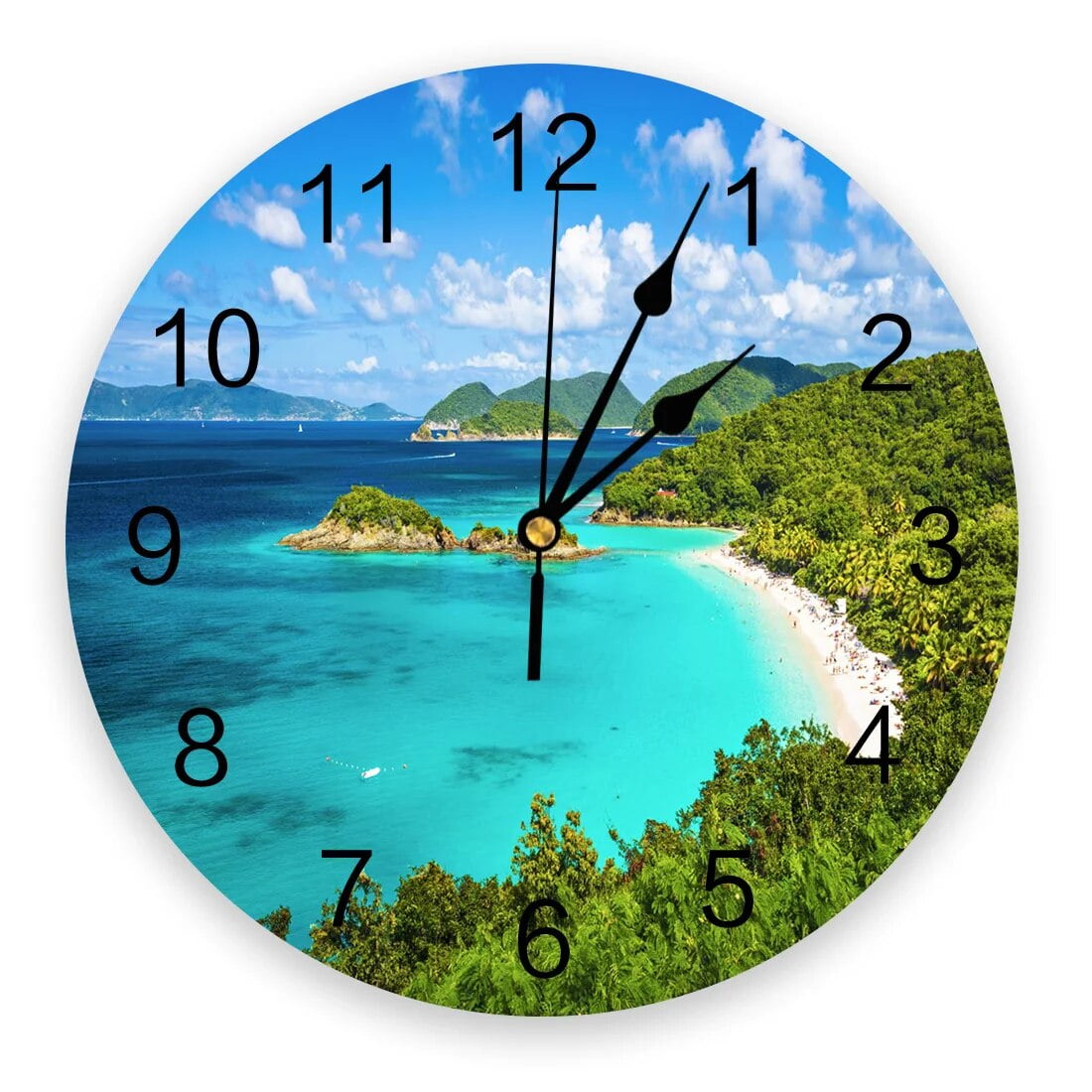 Ocean Blue Island Wall Clock Home Decor Bedroom Silent Oclock Watch ...