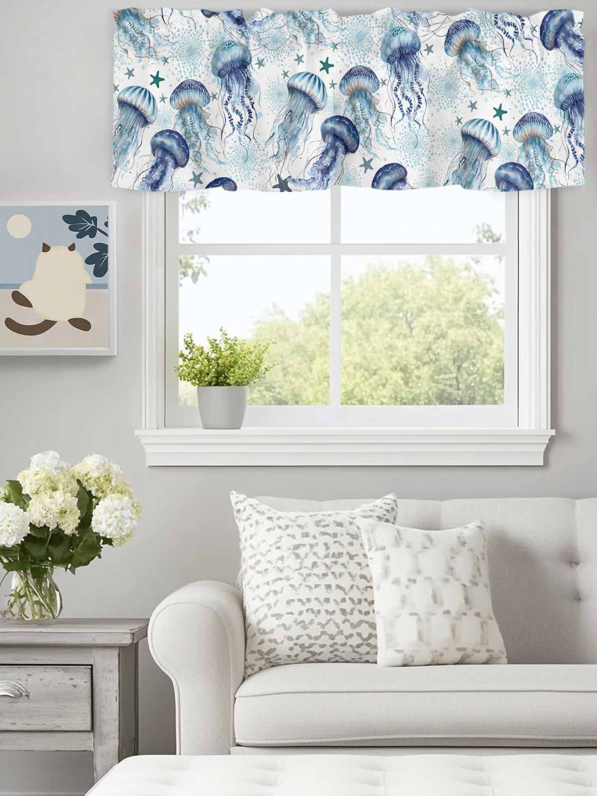 Ocean Blue Jellyfish Starfish Valances for Windows,Kitchen Valance Rod ...