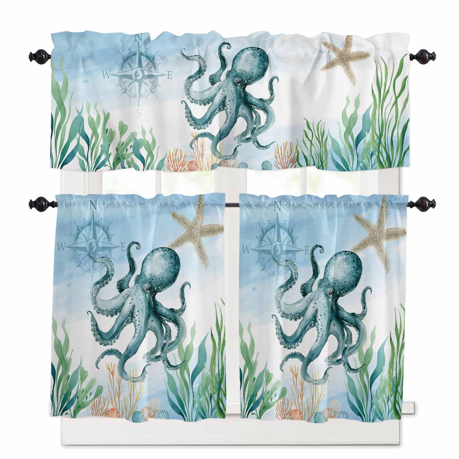 Ocean Blue Kitchen Curtains Valance and Tier Set Octopus Starfish ...