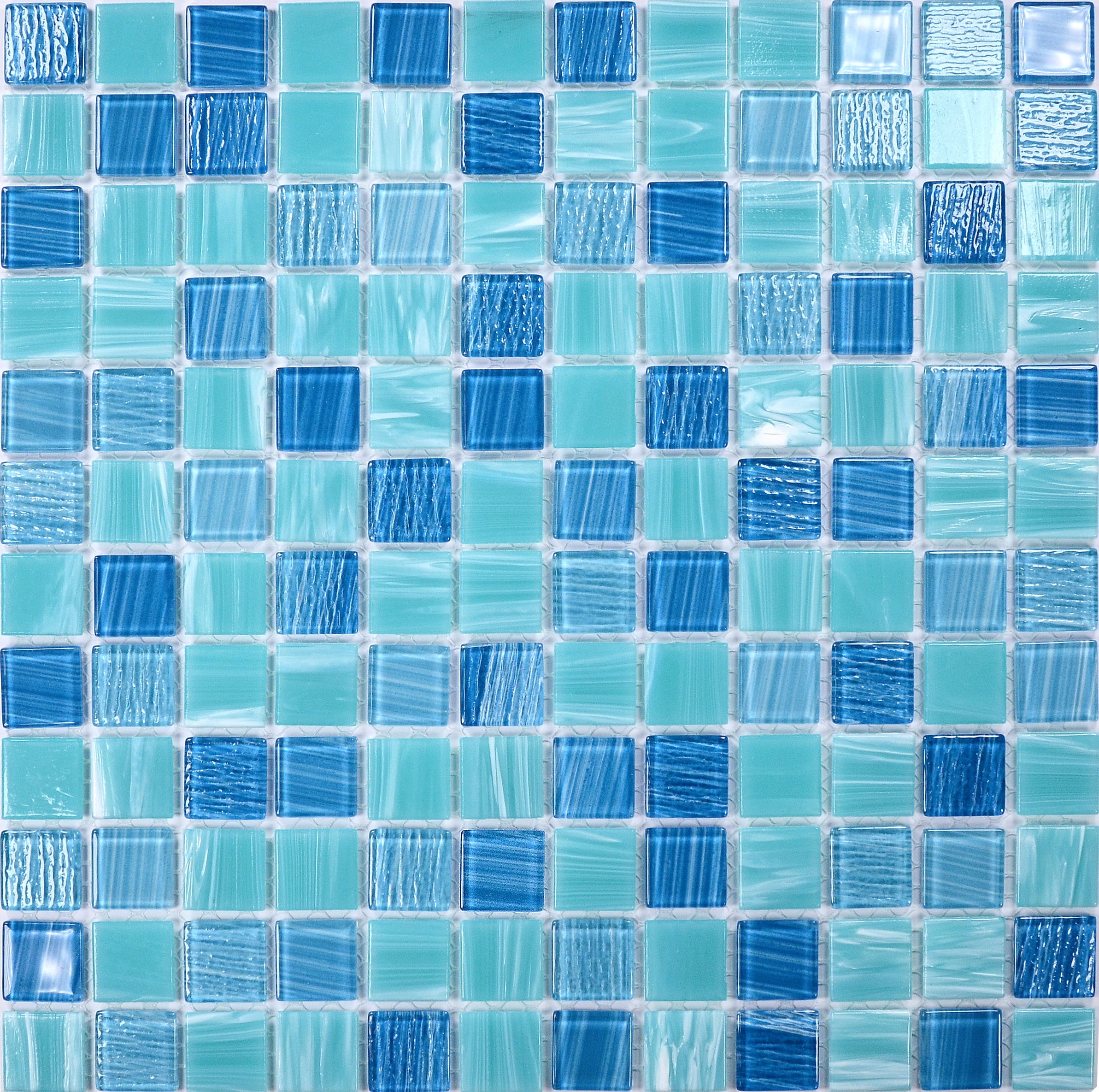 Ocean Blue Mix Glass Mosaic Pool Tile, 12" x 12" Linear Texture for ...