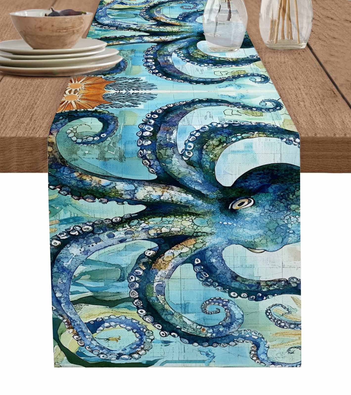 Ocean Blue Octopus Table Runner 72 Inches, Summer Watercolor Vintage ...