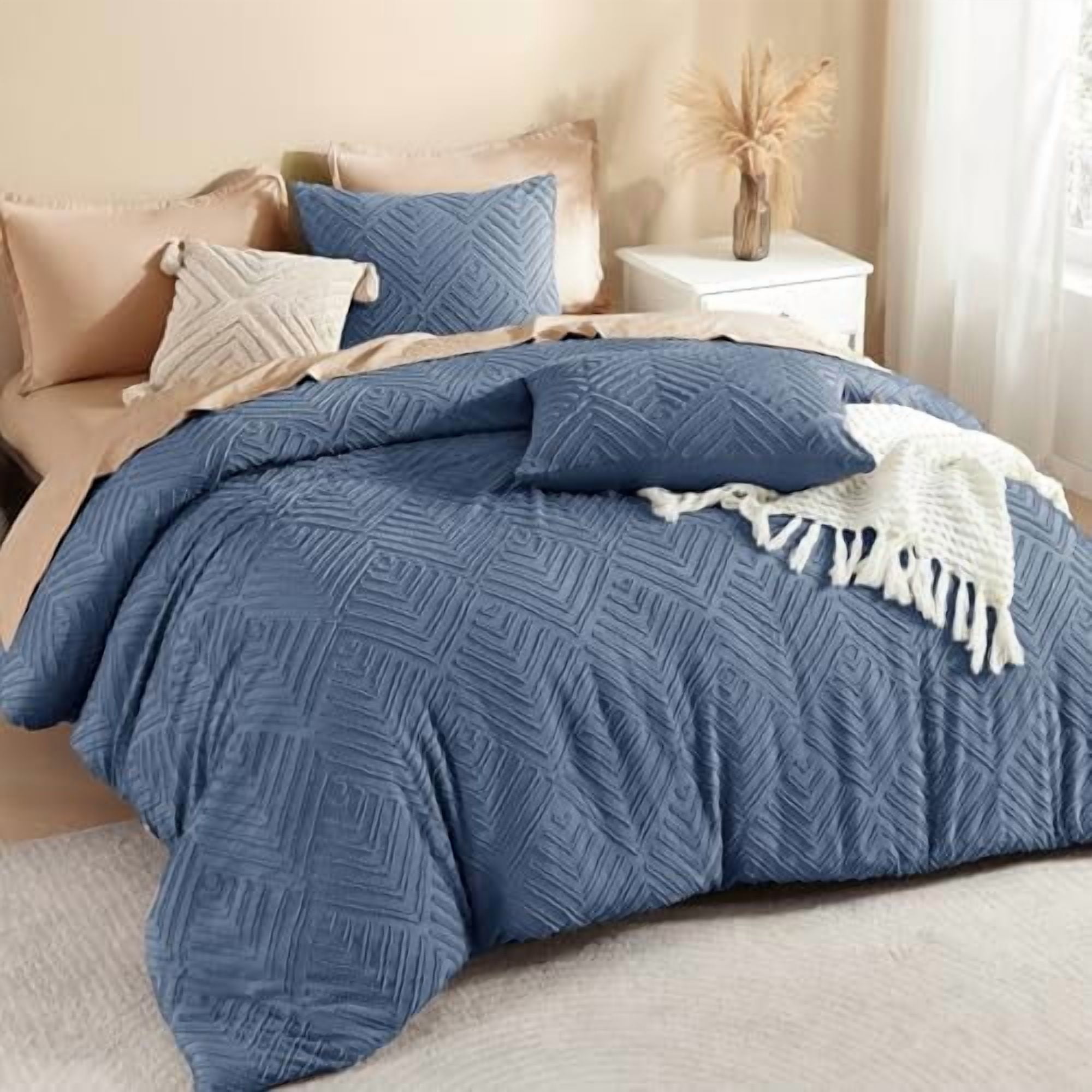 Ocean Blue Queen Comforter Set, 3 Pieces Tufted Boho Farmhouse Bedding ...