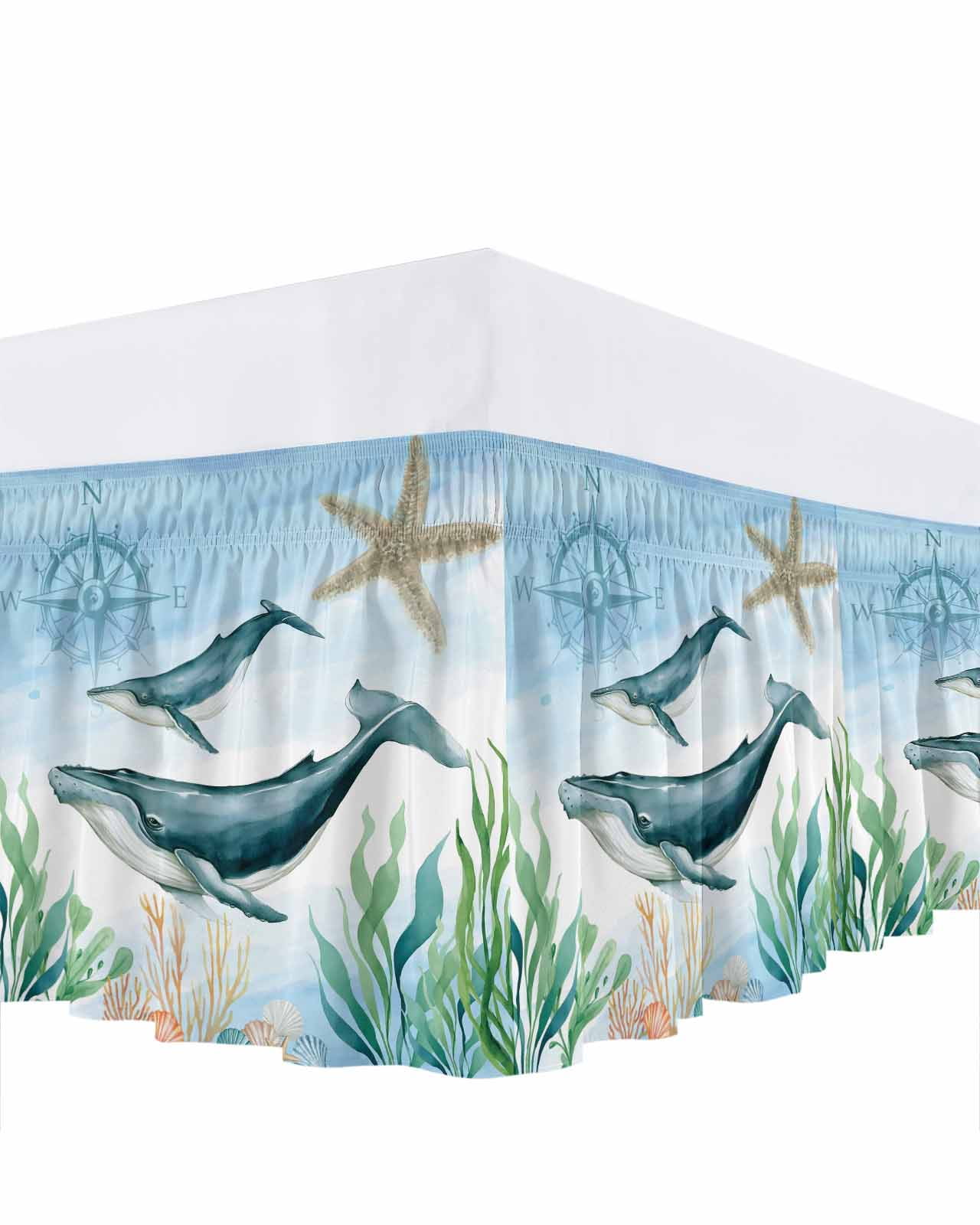 Ocean Blue Ruffle Bed Skirt Queen Size Whale Starfish Compass Seagrass ...