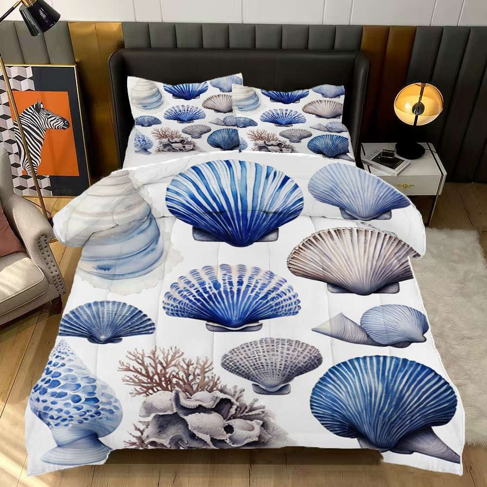 Ocean Blue Seashell Coral Comforter Set Full Size Bedding Set For Travl ...