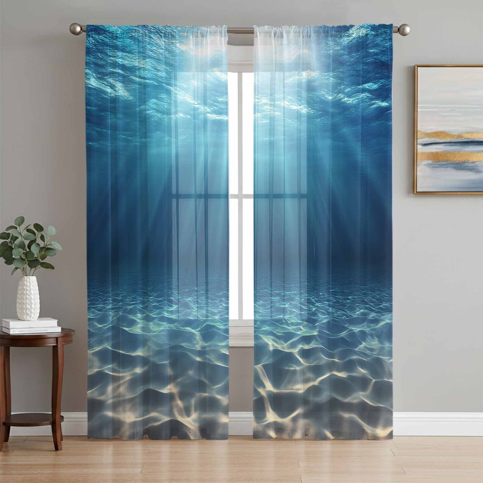 Ocean Blue Sheer Curtains 63 Inch Length 2 Panels Set, Underwater Sun ...