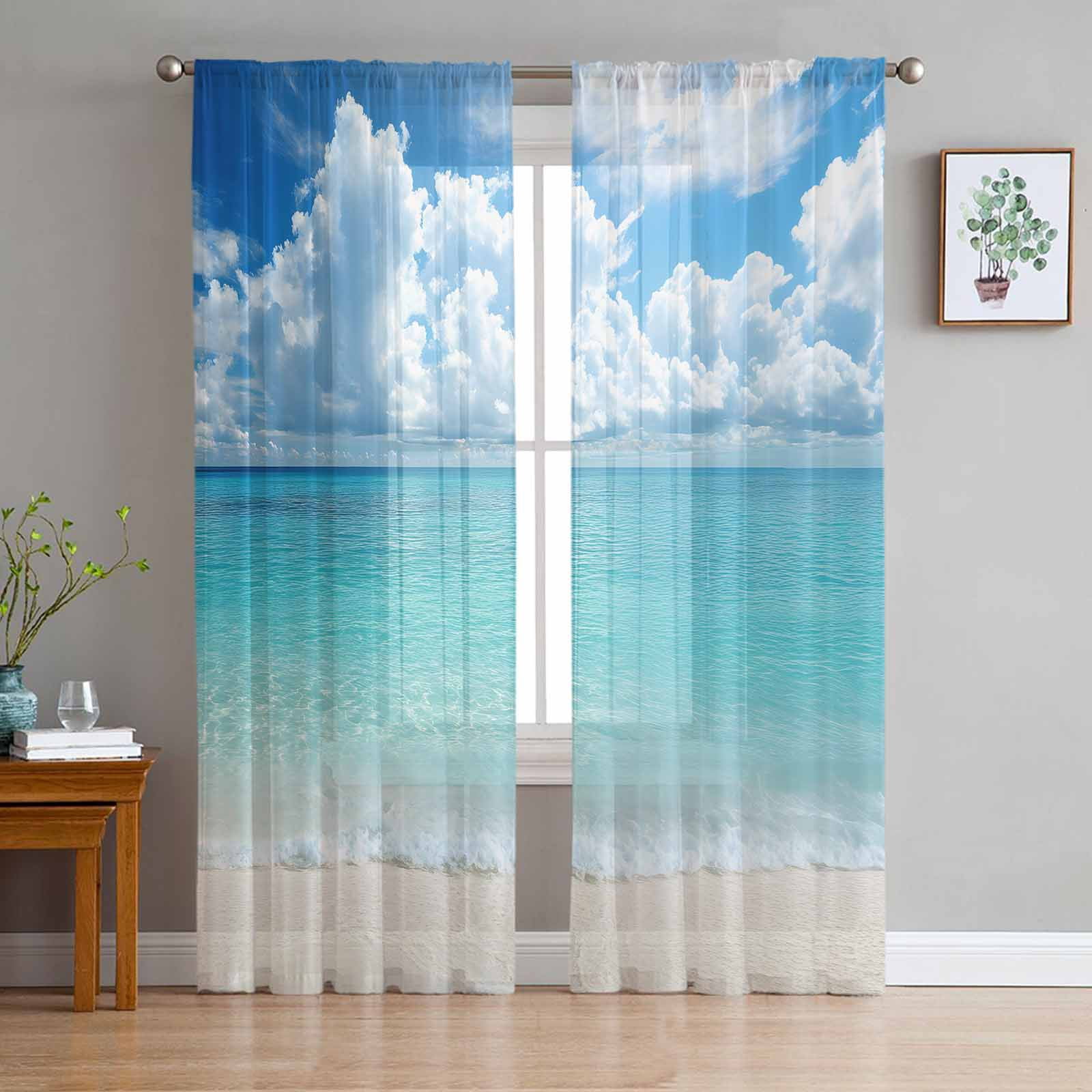 Ocean Blue Sheer Curtains 96 Inch Length 2 Panels Set for Living Room ...