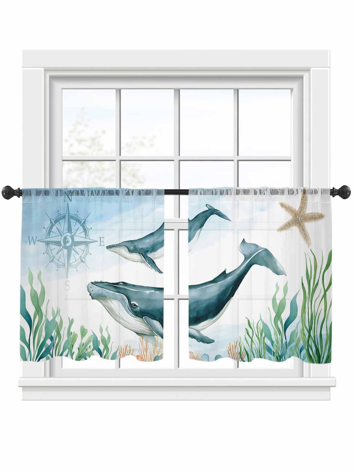Ocean Blue Sheer Curtains for Living Room Bedroom, Whale Starfish ...