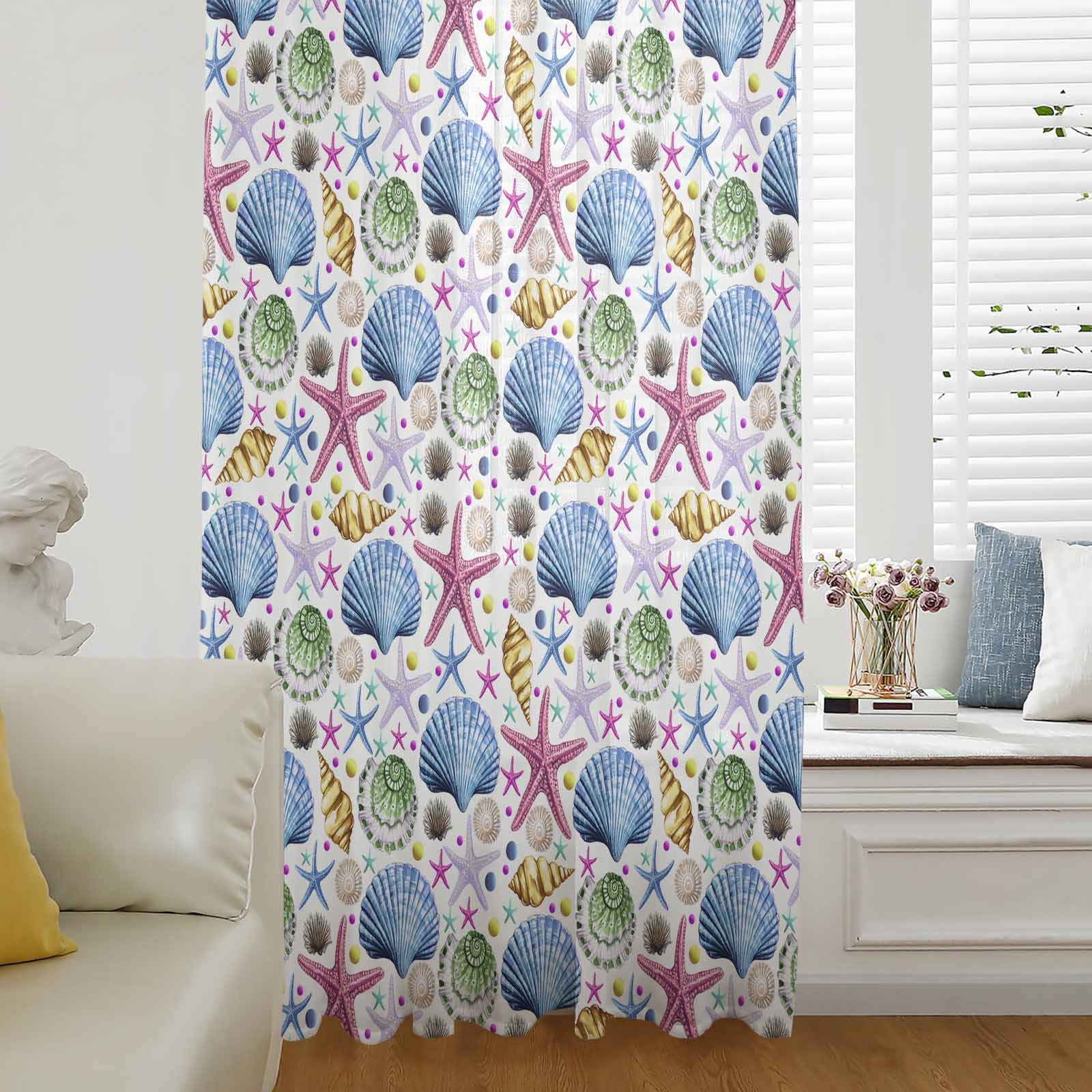 Ocean Blue Shell Window Curtain 63 Inches Long,Multi Coastal Starfish ...